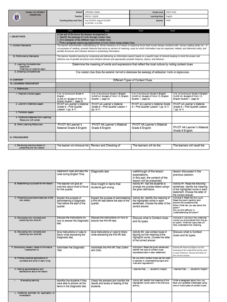 DLL 1st Q g8 Week 1 Final | PDF | Learning | Curriculum