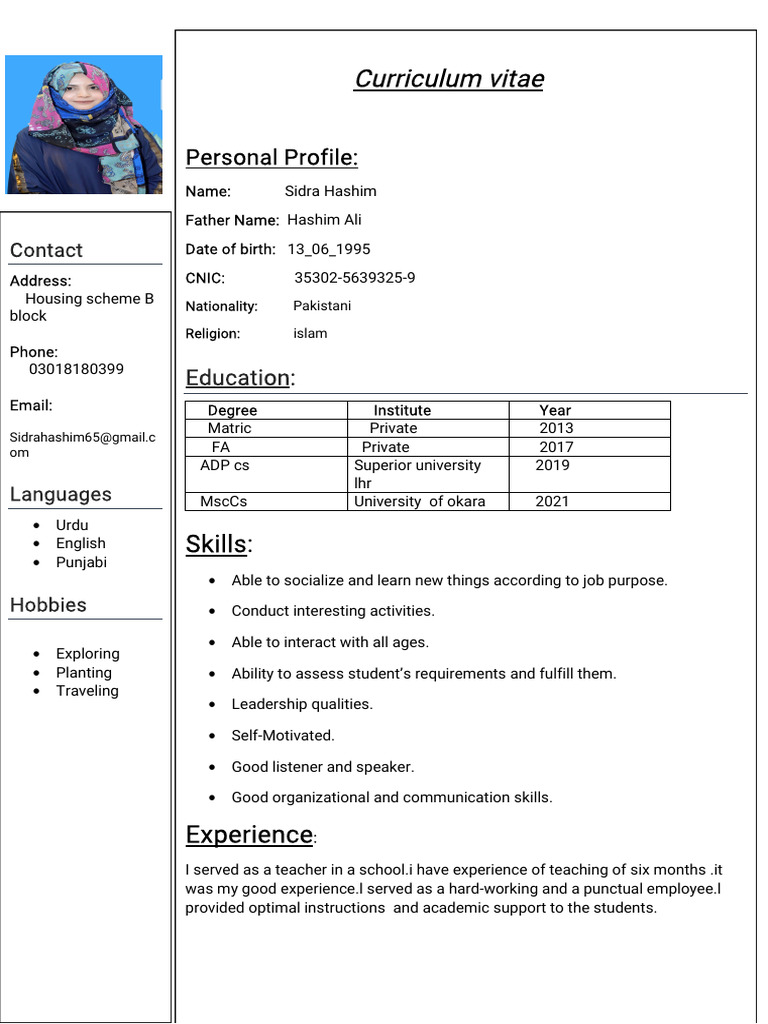 Sidra Hashim CV-1 | PDF