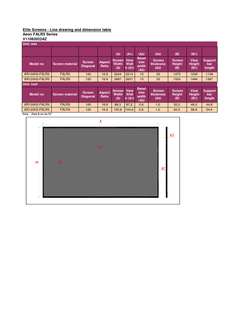 Elite Screens Aeon Serie Afmetingen | PDF | Length | High Definition ...
