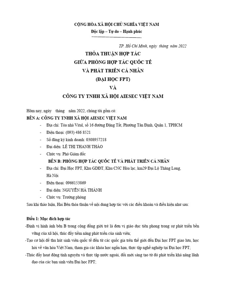 (W21.Projects-VPP - FHN) MoU Phòng ICPDP FPTU | PDF