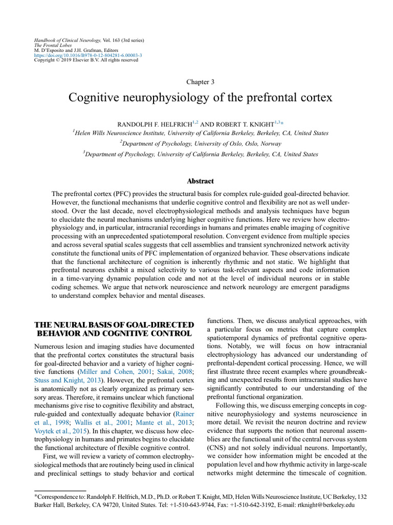 Cognitive Neurophysiology of The Prefrontal Cortex | PDF | Prefrontal Cortex | Neural Oscillation
