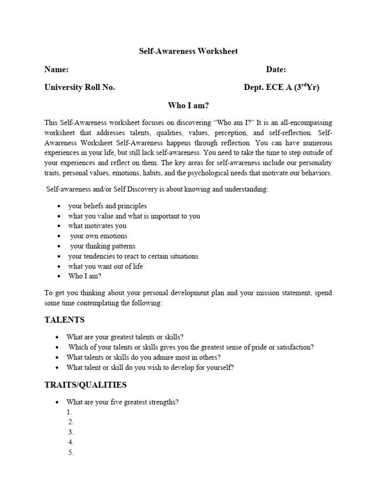 Self Assessment_worksheet 1_Who Am I | PDF | Self Awareness | Experience