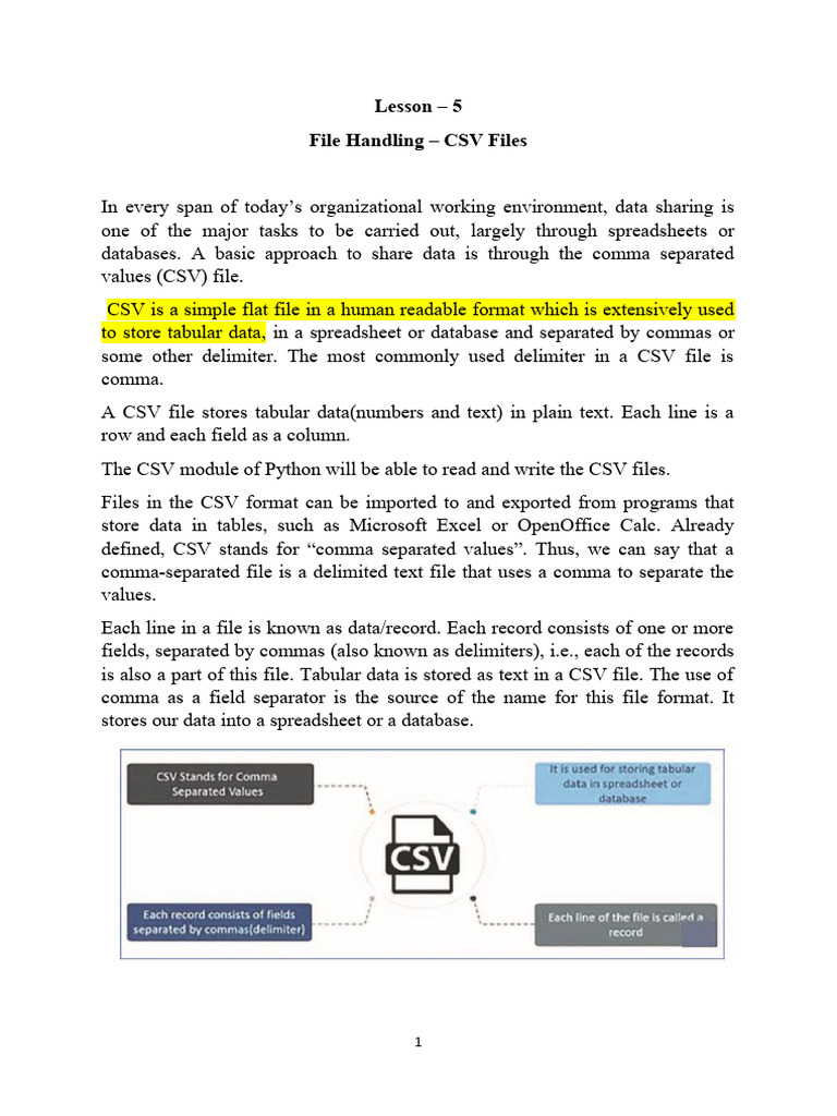 Lesson-5-File Handling-CSV Files | PDF | Comma Separated Values | Microsoft Excel