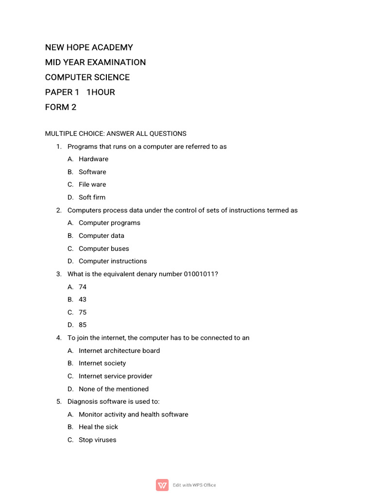 Exam Computer Science Form 2 p1 | PDF