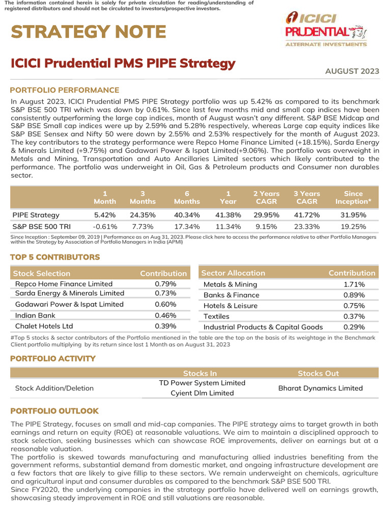 ICICI Pru PMS PIPE - Strategy Note - September 2023 - Distributor | PDF | Investing | Banks