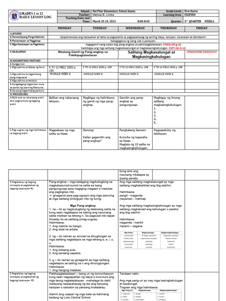 DLL Filipino-5 Q3 W6 | PDF