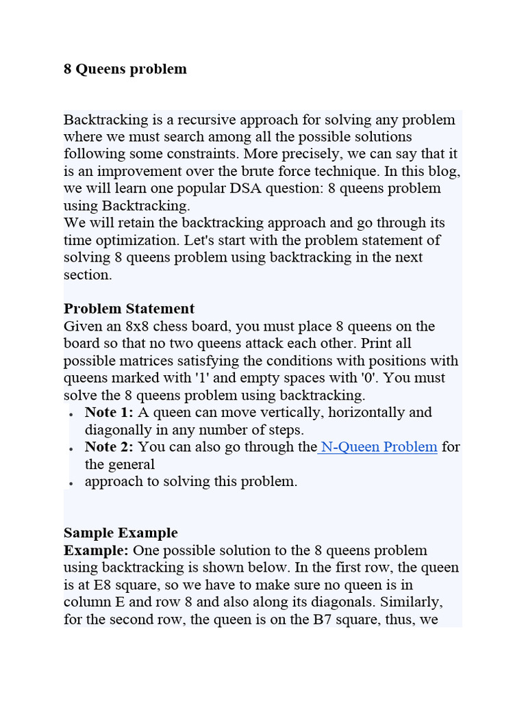 8 Queens Problem Download Free Pdf Computer Programming Algorithms And Data Structures