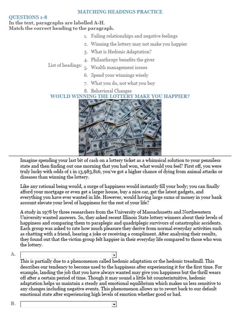 Matching Headings Practice | PDF | Happiness | Hedonism