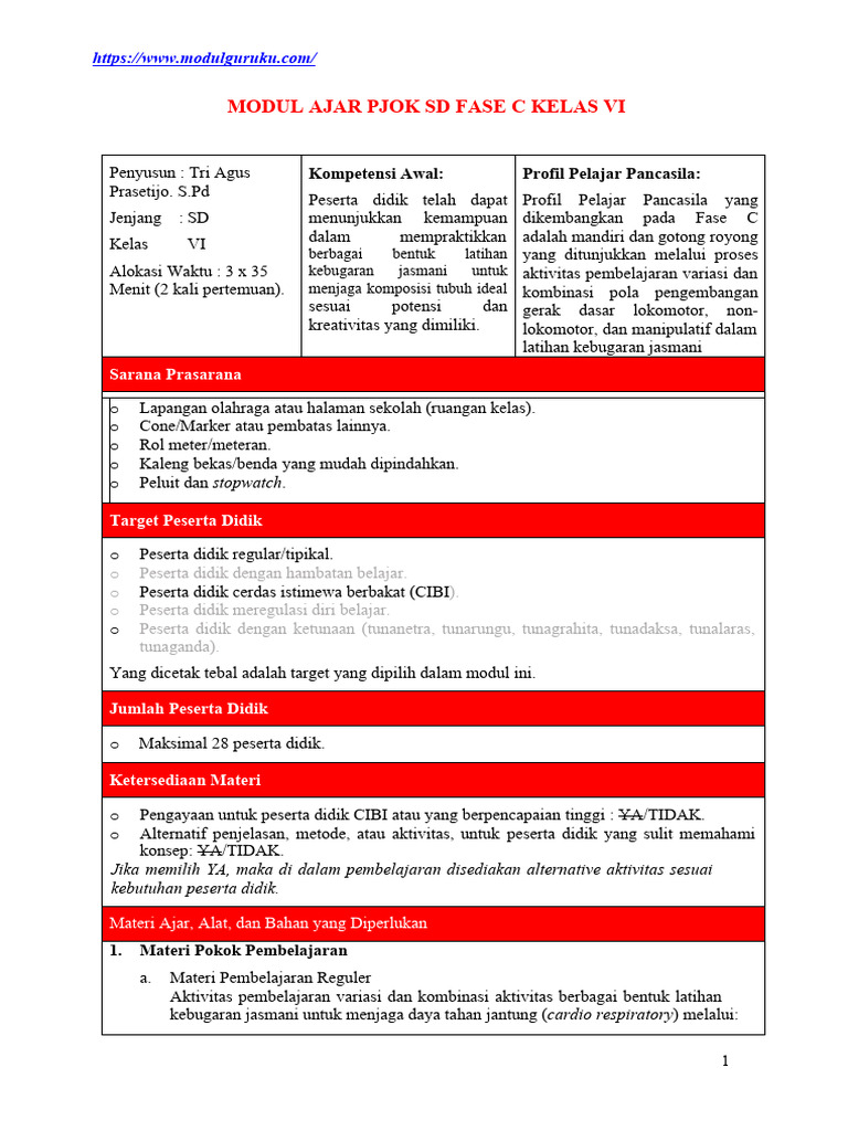 12 Pjok Modul Ajar Fase C Kelas 6 Kebugaran Jasmani | PDF