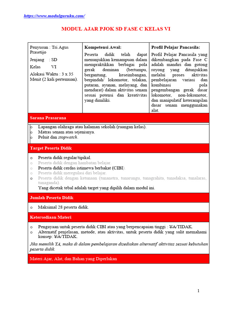 10 Pjok Modul Ajar Fase C Kelas 6 Senam | PDF