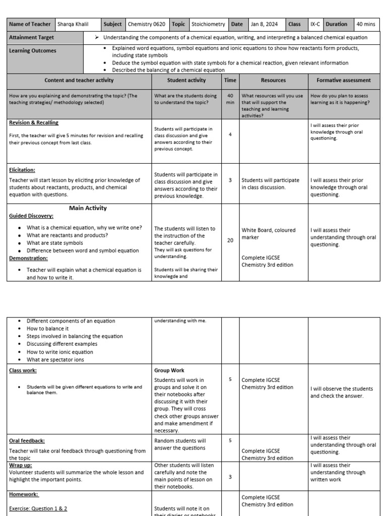 Lesson Plans Stoichiometry | PDF | Mole (Unit) | Molecules