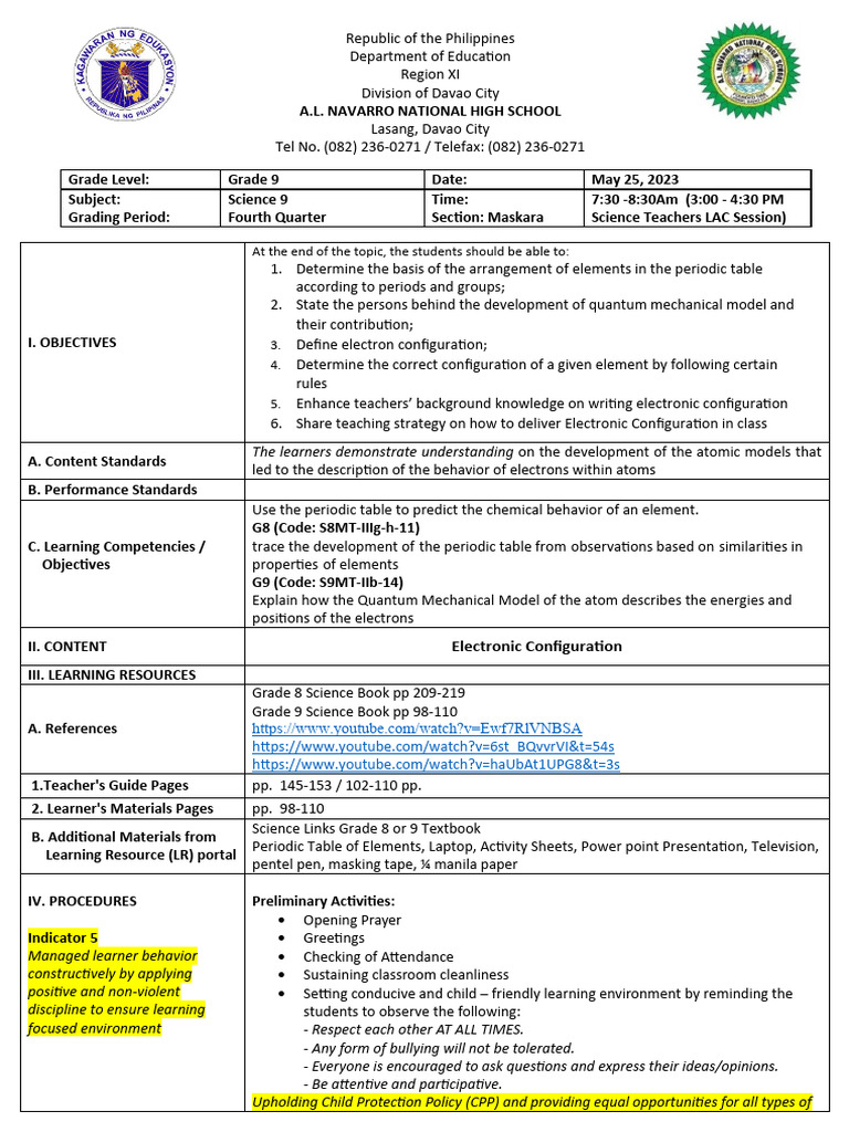 COT Lesson Plan Demo - LAC (Electronic Configuration) - 032132 | PDF ...