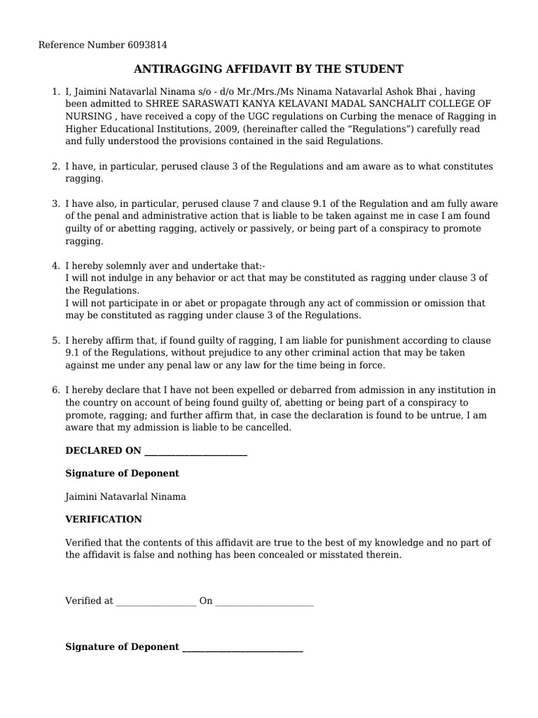 Anti Ragging Affidavit Form | Download Free PDF | Affidavit | Justice