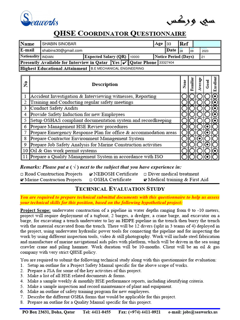 Qhse Coordinator Questionnaire | PDF | Underwater Diving | Occupational ...