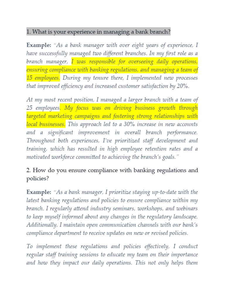 Interview Questions For Branch Manager | PDF | Regulatory Compliance ...