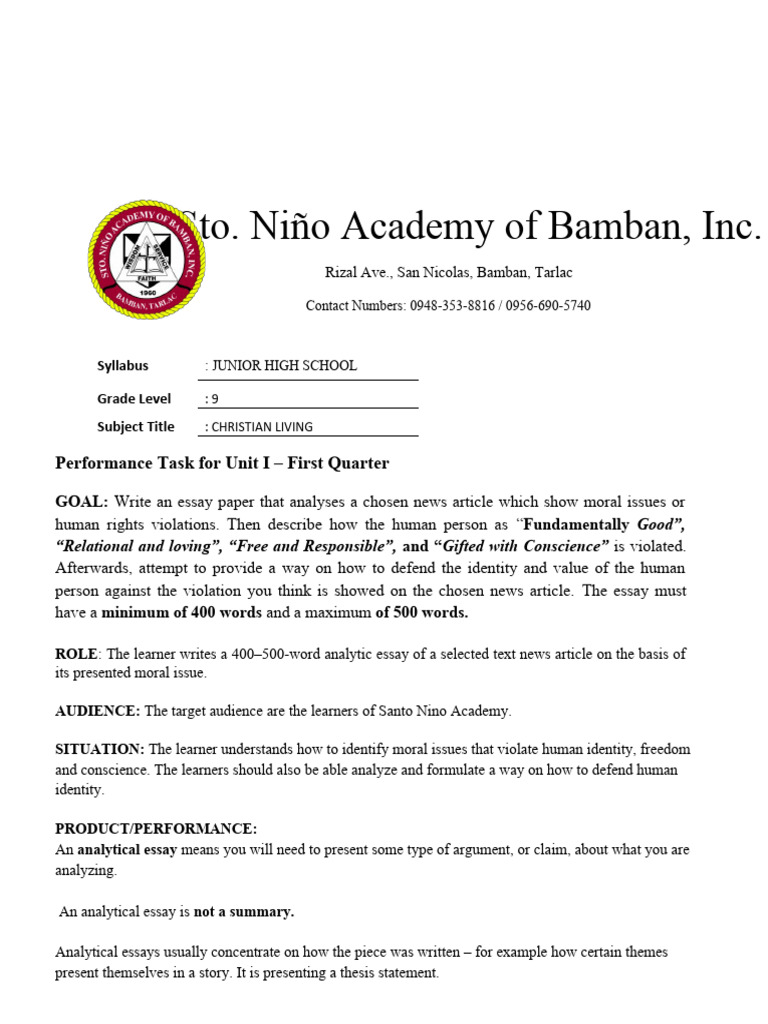 GRADE 9 CLE PERFORMANCE TASK and Rubrics For Essay and Reflection ...