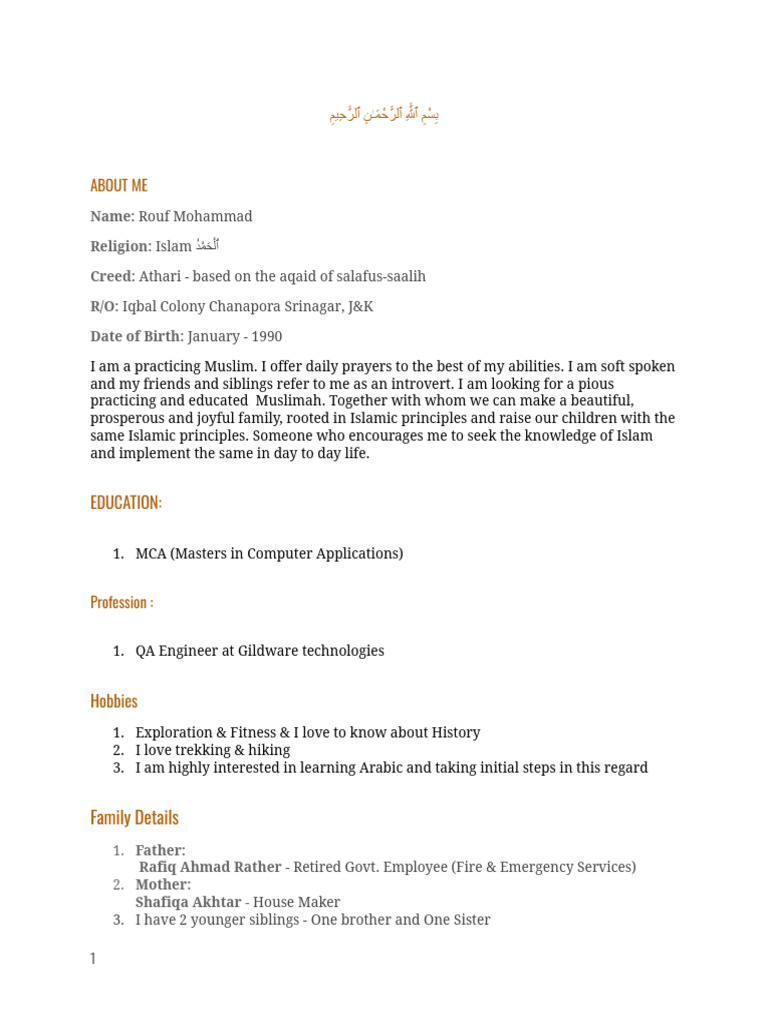 Seeking Pious Muslimah for Family | PDF