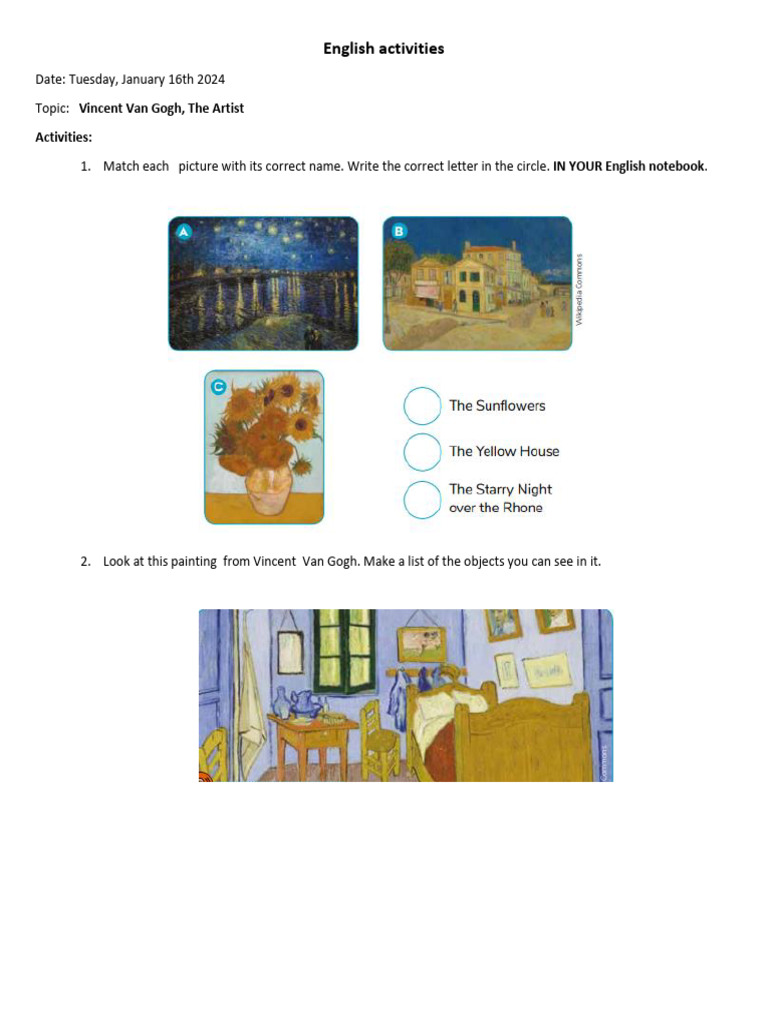 Van Gogh Activities for Students | PDF | Art