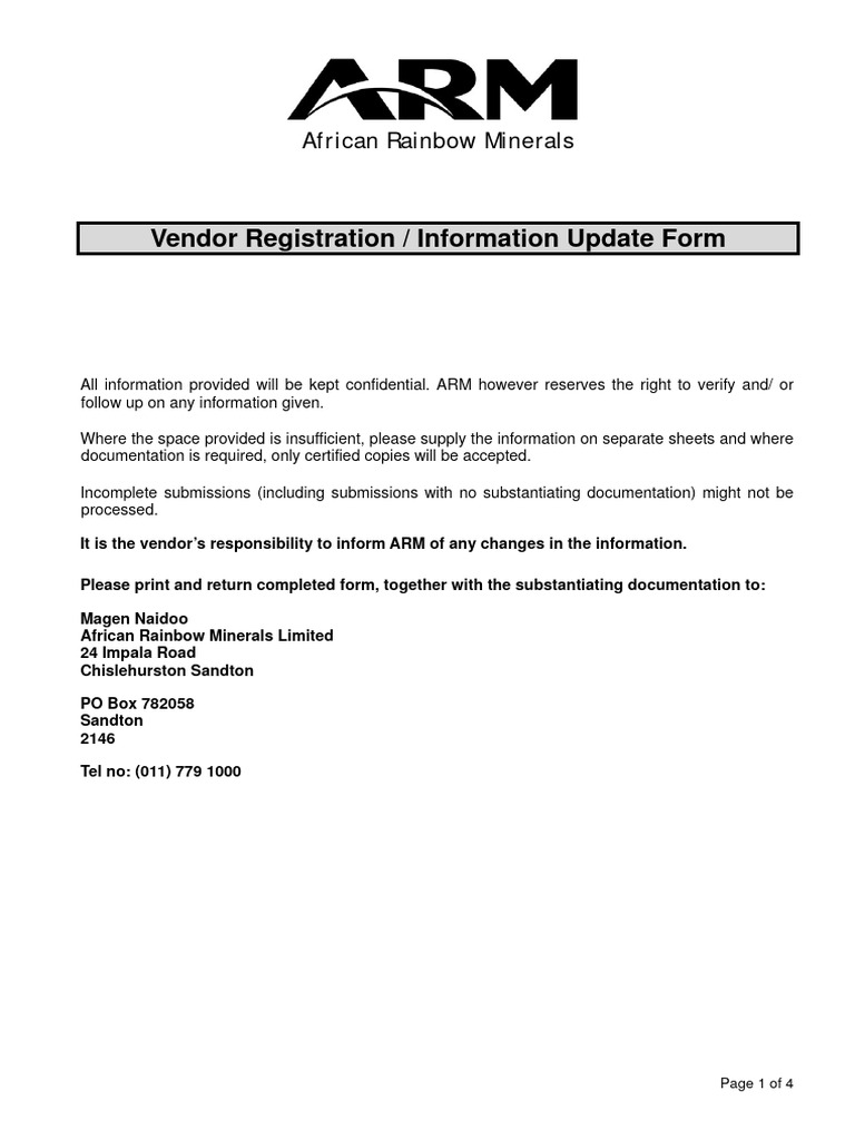 ARM Vendor Registration Form | PDF | Law