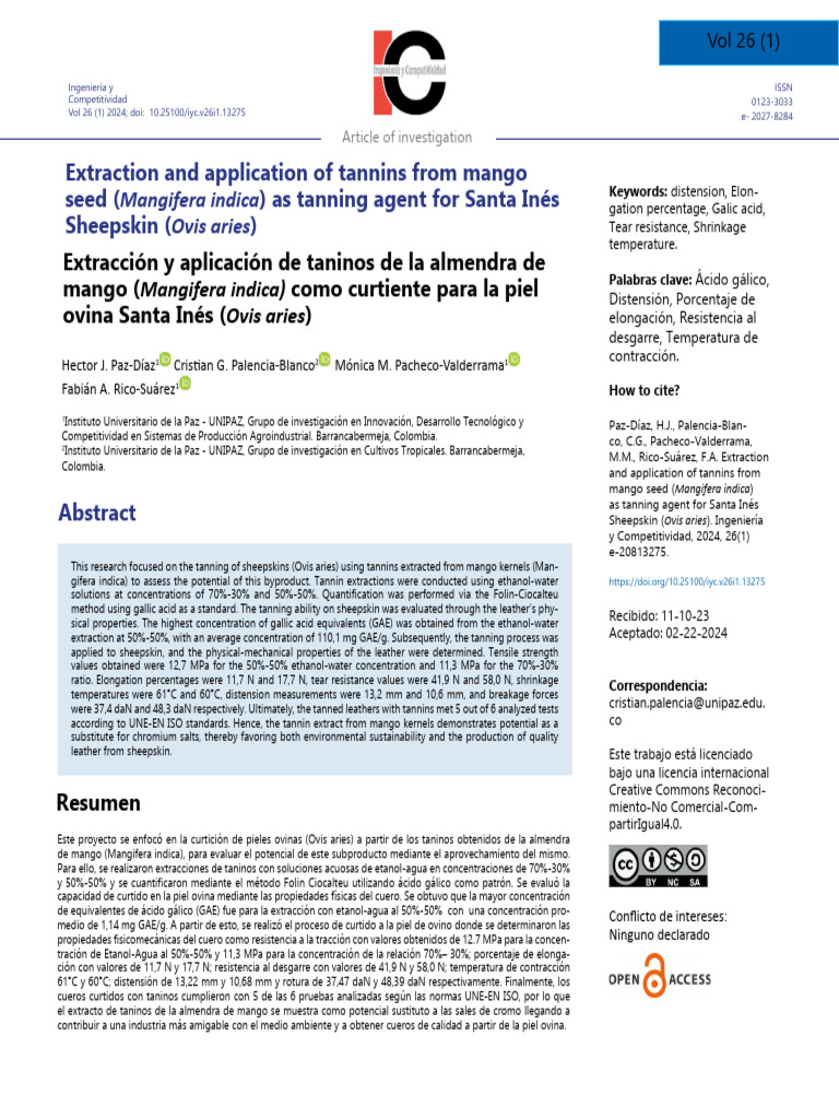 Mangifera Indica) As Tanning Agent For Santa Inés Ovis Aries) | PDF | Ultraviolet–Visible ...