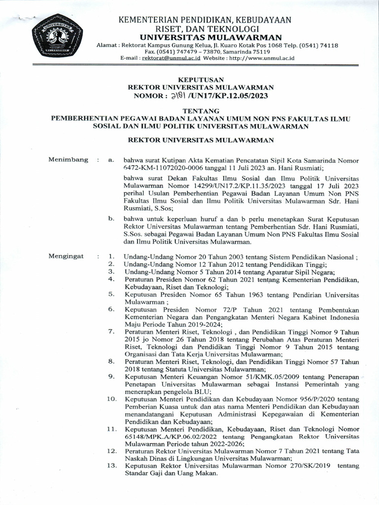 SK Rektor Pemberhentian An. Hani Rusmiati S.Sos | PDF