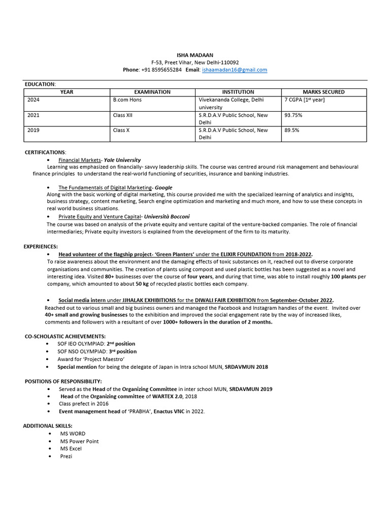 isha cv 3 | Download Free PDF | Venture Capital | Corporate Finance