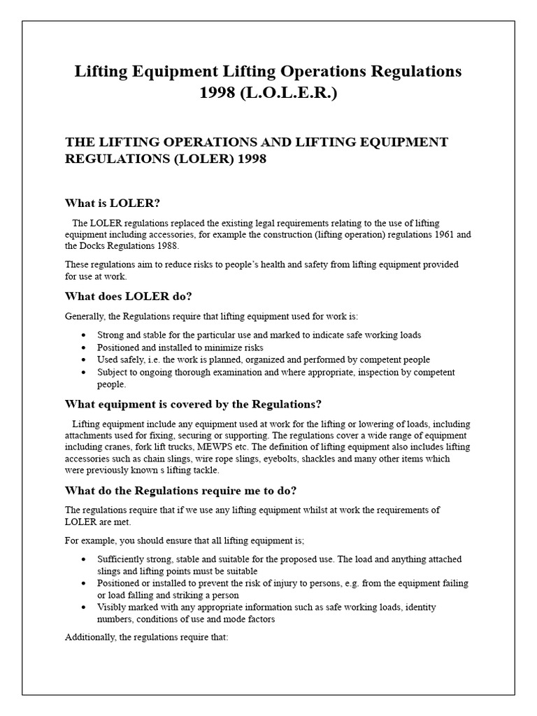 LOLER 1998: Lifting Equipment Regulations | PDF