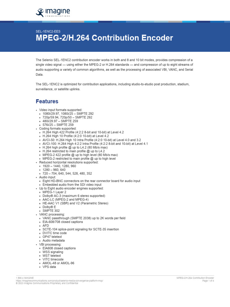 SEL-1ENC2-EES - Selenio Media Convergence Platform MCP - MPEG-2H264 Contribution Encoder | PDF ...