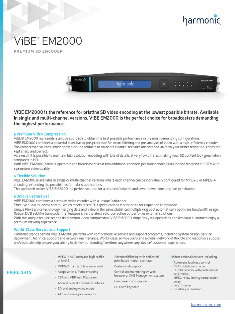 Datasheet Harmonic Premium SD Encoder ViBE EM2000 | PDF | Data ...