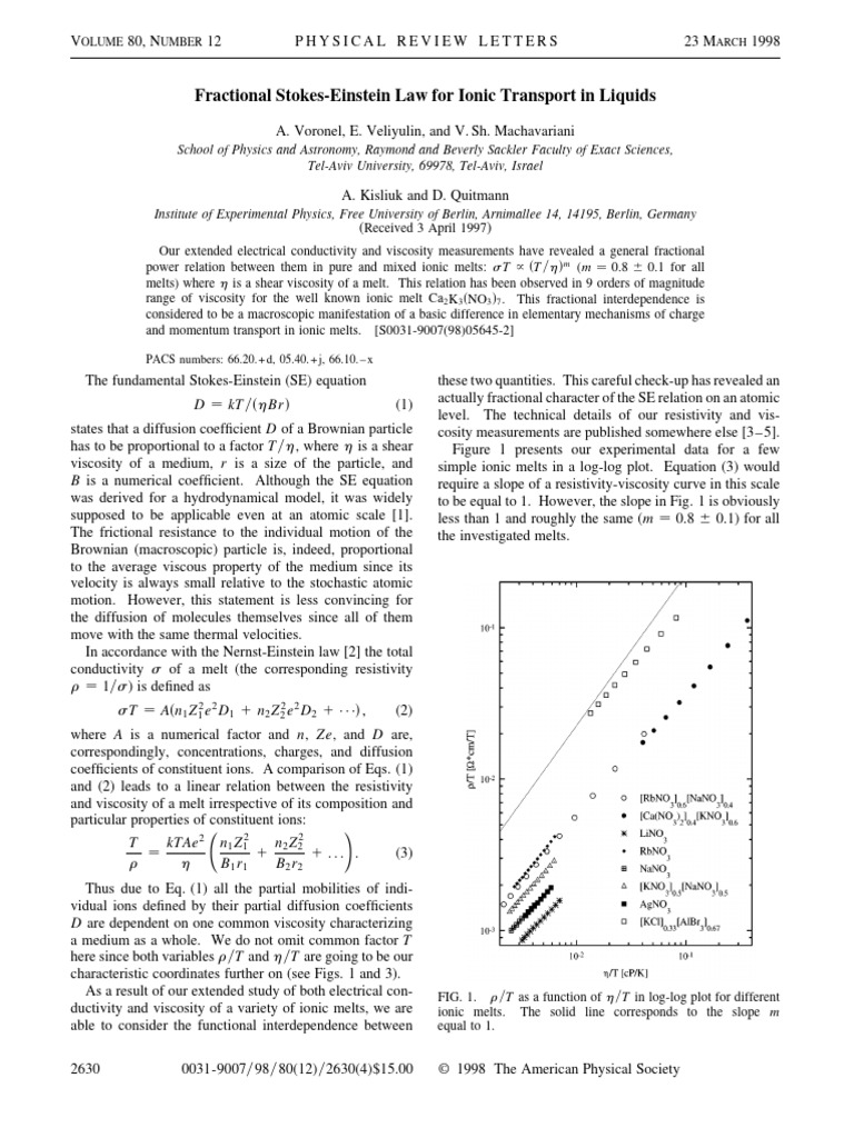 1998 Fractional Stokes-Einstein Law For Ionic Transport in Liquids ...