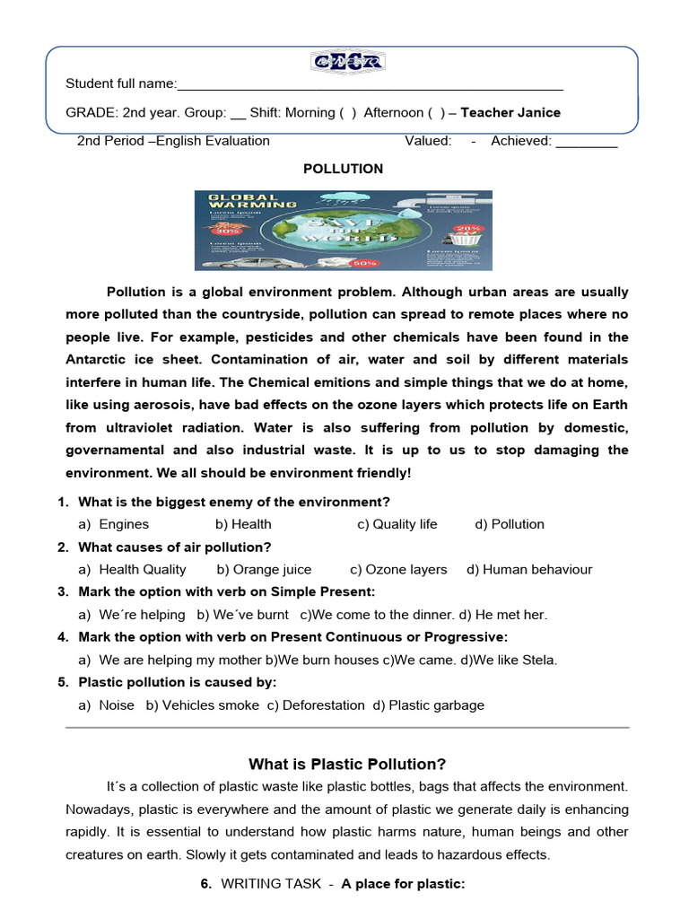 2nd Grade English Pollution Quiz | PDF | Pollution | Natural Environment