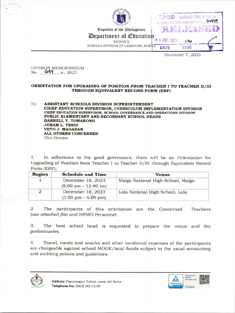 ORIENTATION FOR UPGRADING OF POSITION FROM TEACHER 1 TO TEACHER II-III ...