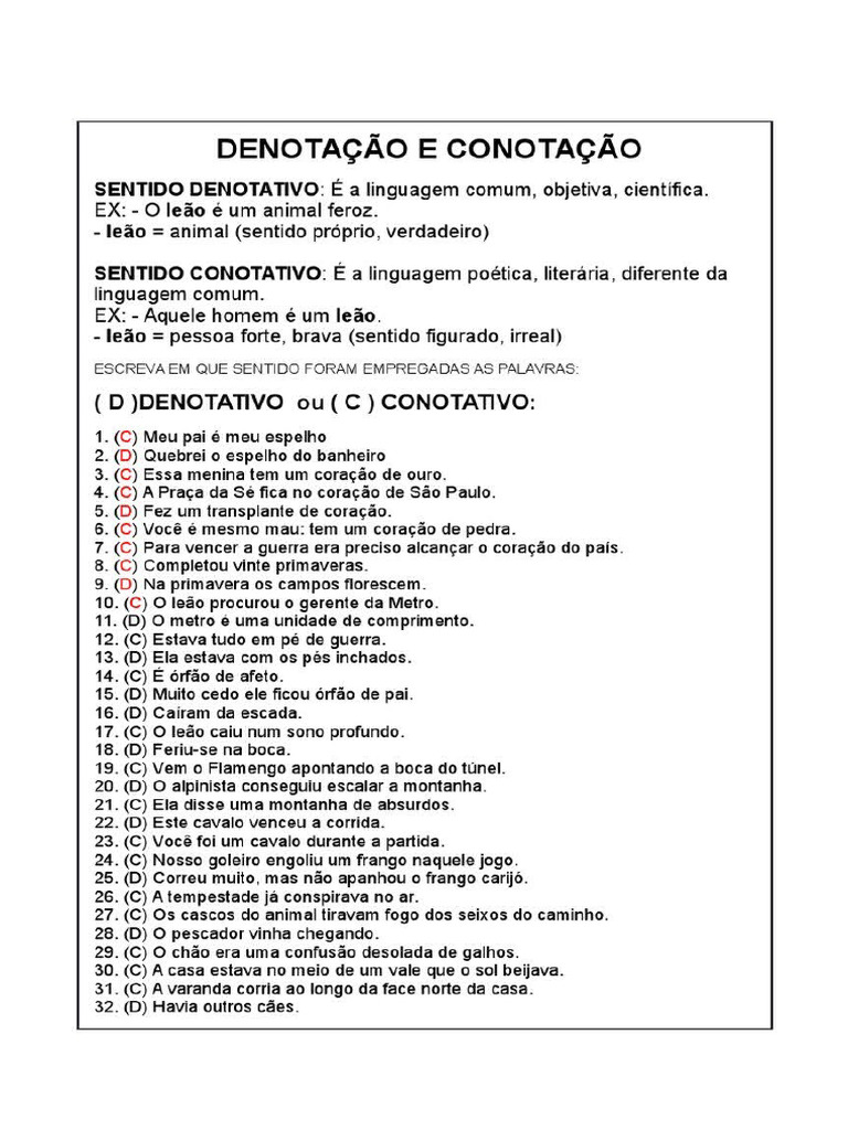 Denotação e Conotação Exercícios | PDF