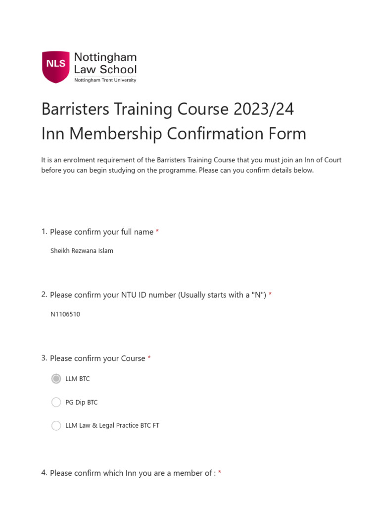 Barristers Training Course 2023 - 24 Inn Membership Confirmation Form ...