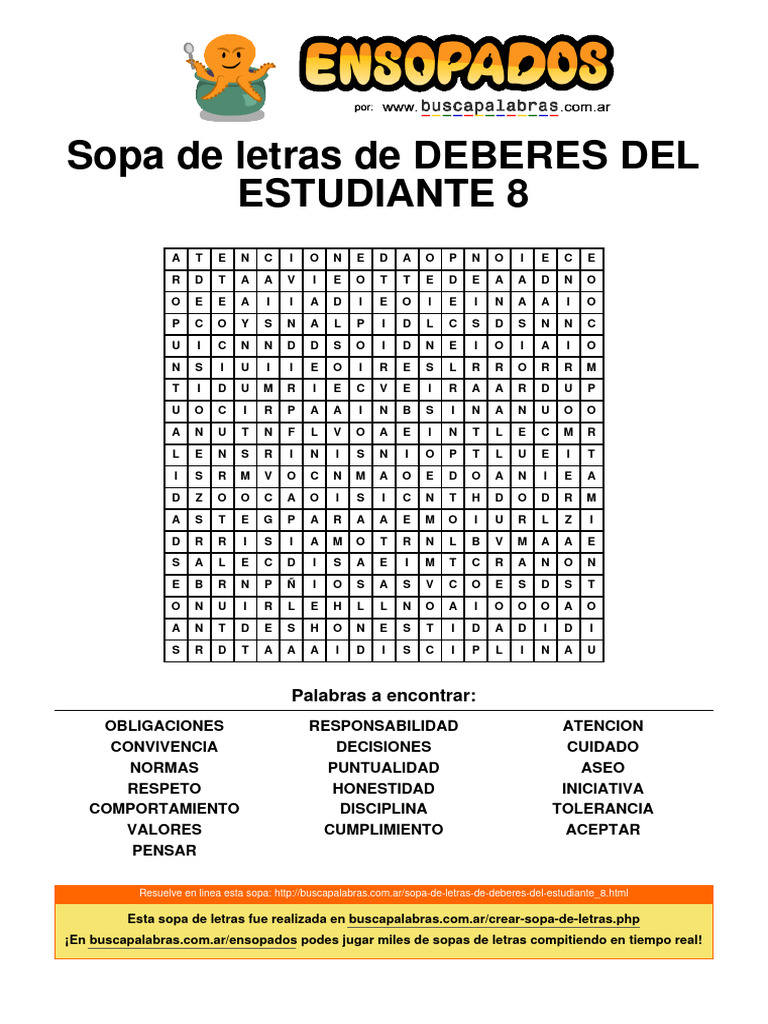 Sopa de Letras de Deberes Del Estudiante - 8 | PDF | Psicología Social