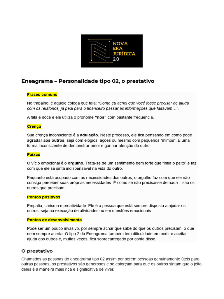 Personalidade Tipo 02: O Prestativo | PDF | Eneagrama de personalidade ...