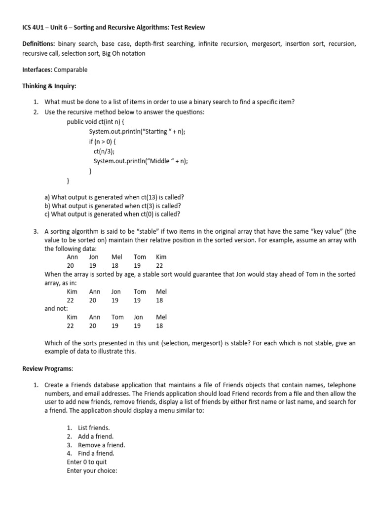 620 Unit 4 Sorting And Recursive Algorithms Test Review Pdf Software Engineering