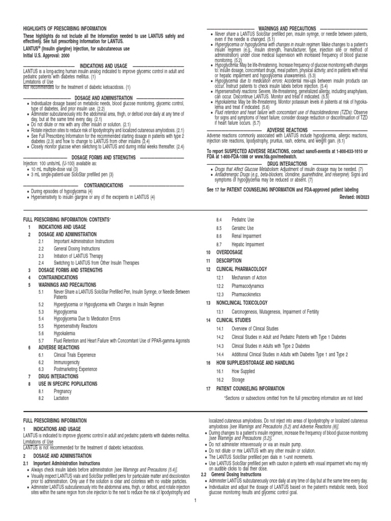 LANTUS Insulin: Usage and Dosage Guide | PDF | Hypoglycemia | Diabetes