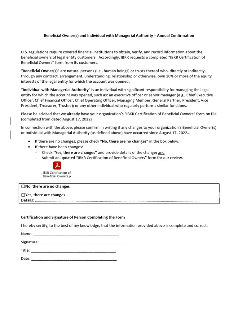 Annual Confirmation Beneficial Owner and Individual With Managerial ...