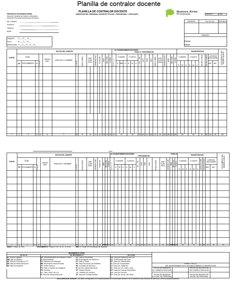 Planilla Contralor Docente Semanal | PDF