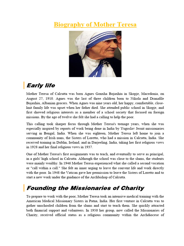 Biography of Mother Teresa | PDF | Gravity | Mother Teresa