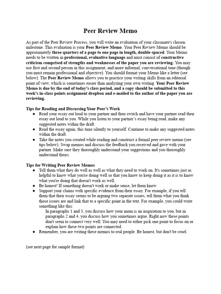 ENG101 Peer Review Memo | PDF | Peer Review | Essays