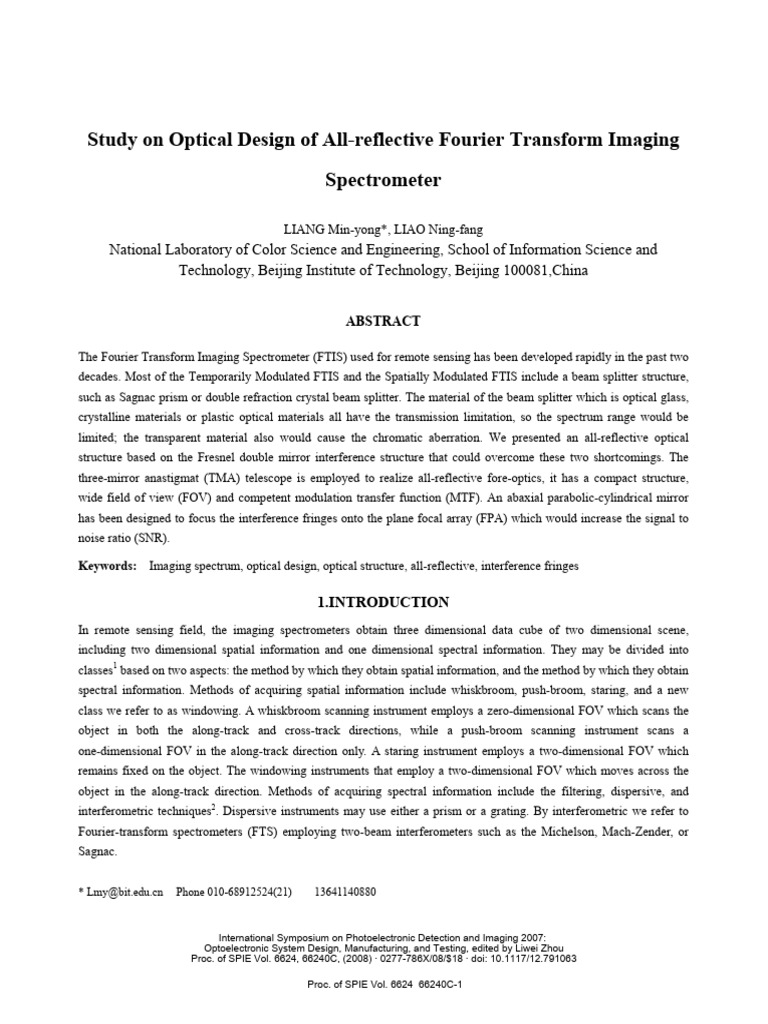 OptDgnOfAllReflectiveFourierTransformImagingSpectrometer_MYLiangEtAl-China_SPIEVol6624_031208 ...