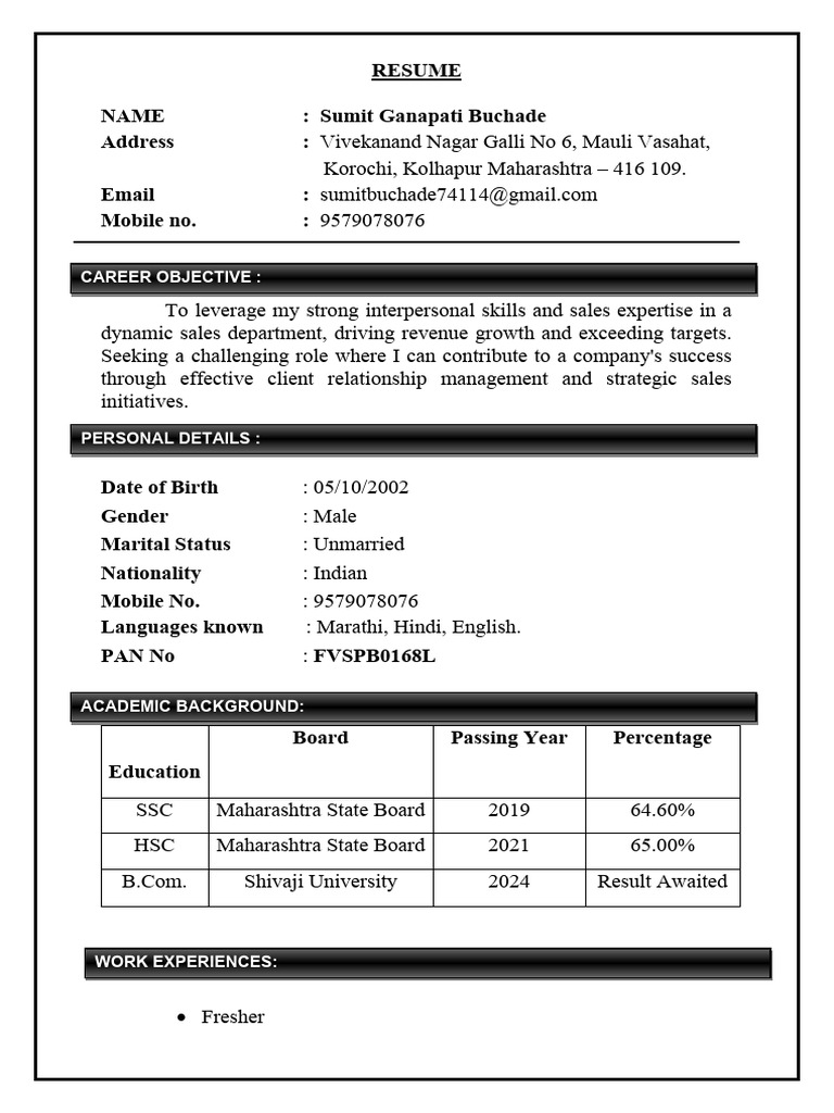 Sumit Buchade - Sales Role Resume | PDF | Career & Growth
