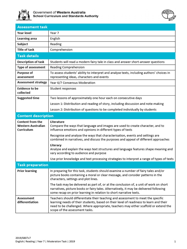 Year 7 Reading Comprehension Task | PDF | Reading Comprehension | Narrative
