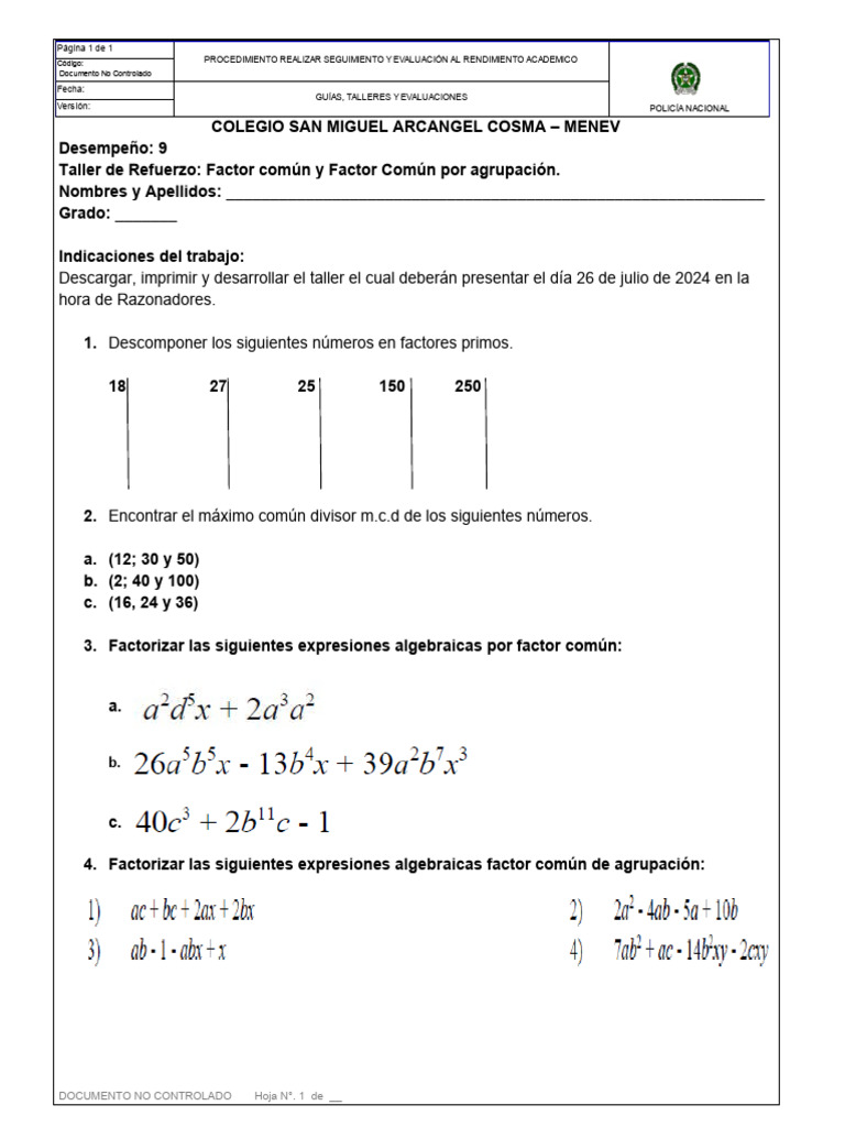 Taller de Refuerzo Factor Comun y Factor Comun Por Agrupacion | PDF