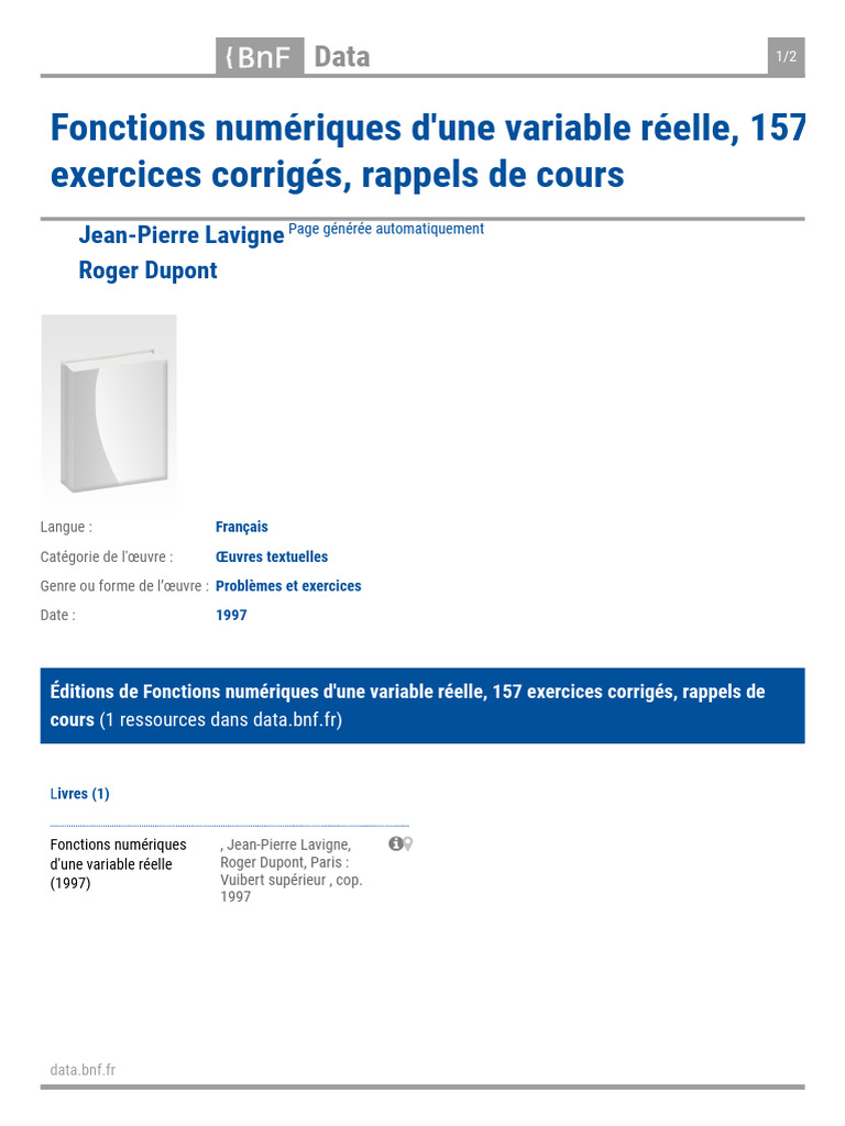 Fonctions Numériques D'une Variable Réelle, 157 Exercices Corrigés, Rappels de Cours | PDF ...