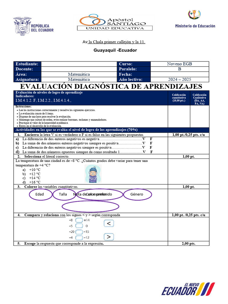 Eval Diagnóstica de Aprendizajes Noveno | PDF | Matemáticas | Álgebra