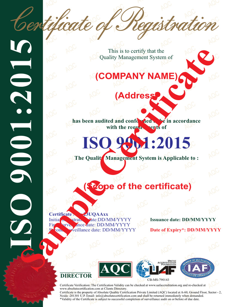 Aqc Uaf Iso 9001 Sample Certificate | PDF