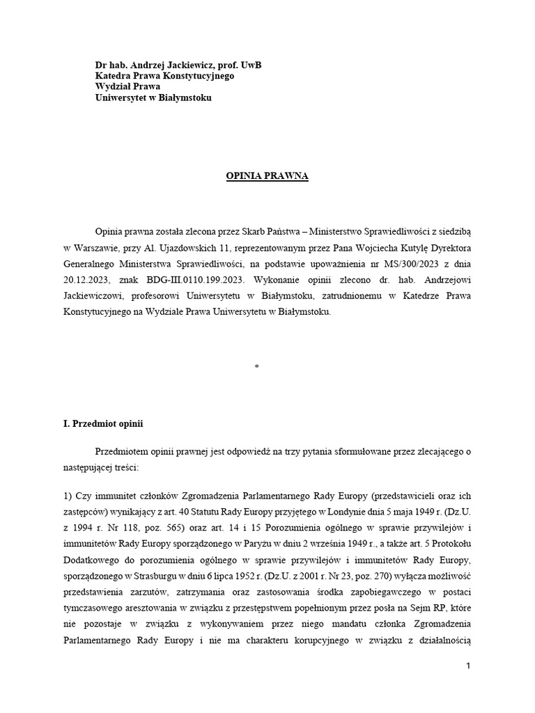 Opinia Prawna DR Hab Andrzej Jackiewicz | PDF